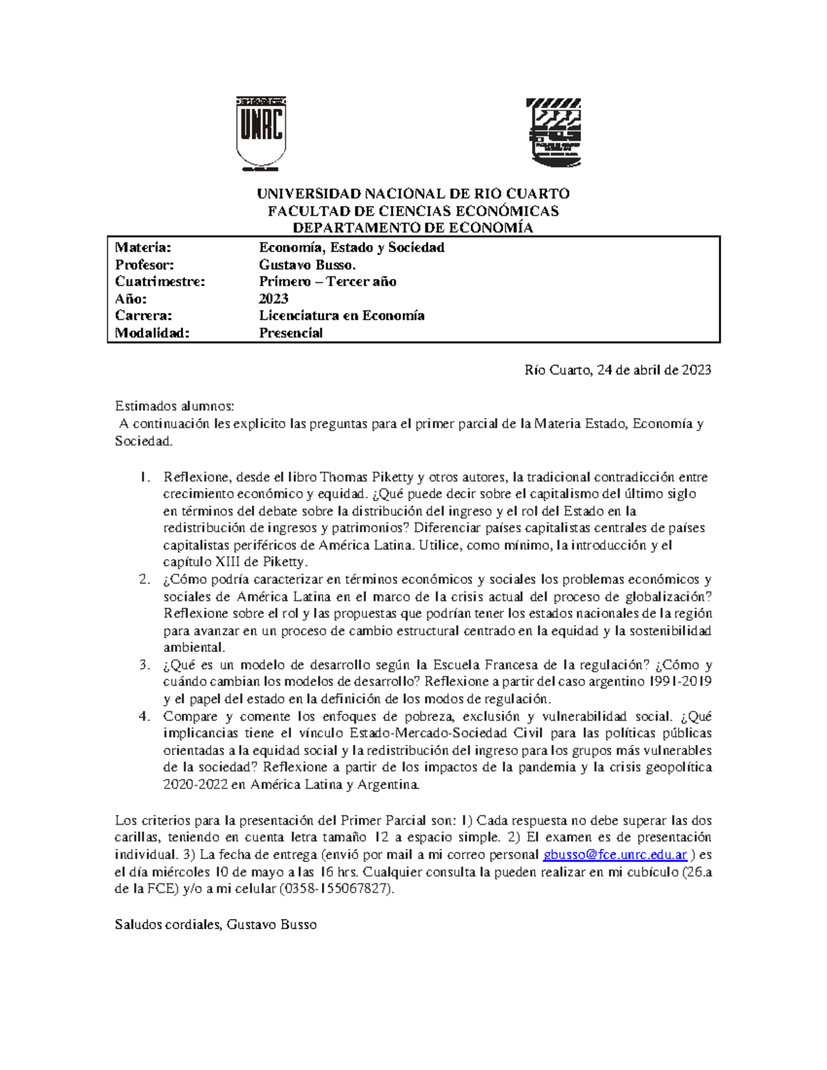 Primer Parcial Econ 2023: Estado, Ec y Sociedad - Instrucciones y Temas ...