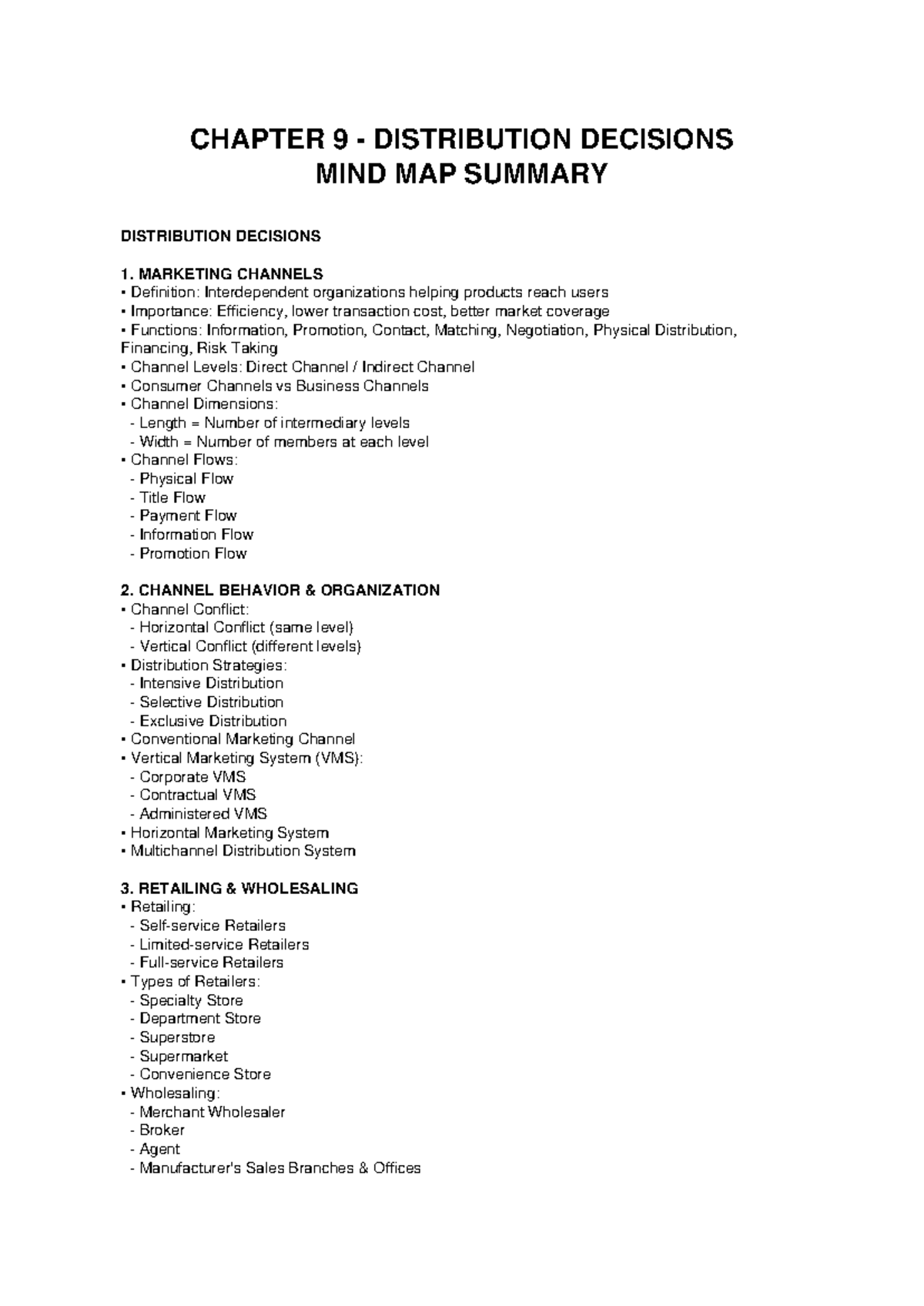 Chapter 9 Distribution Decisions: Mind Map Summary - Studocu