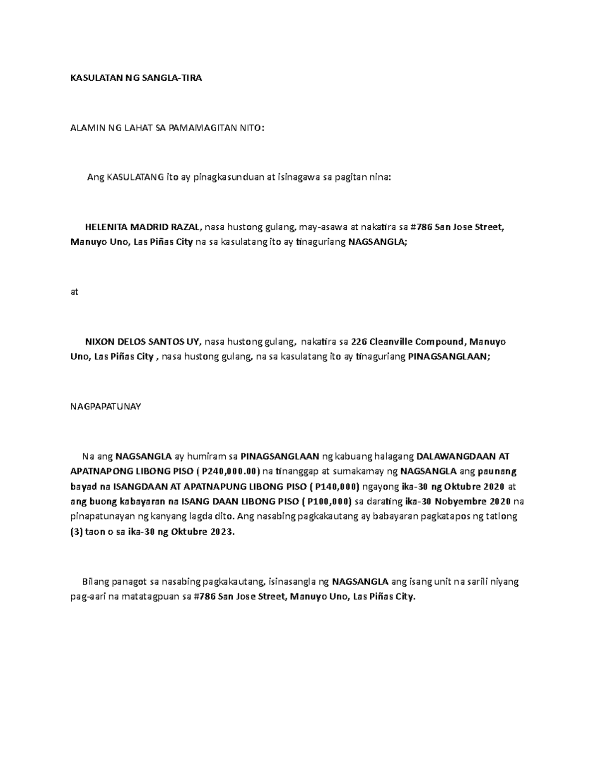 Sanla TIRA Agreement - Grade 7.6 - Kasulatan ng Sangla-Tira - Studocu