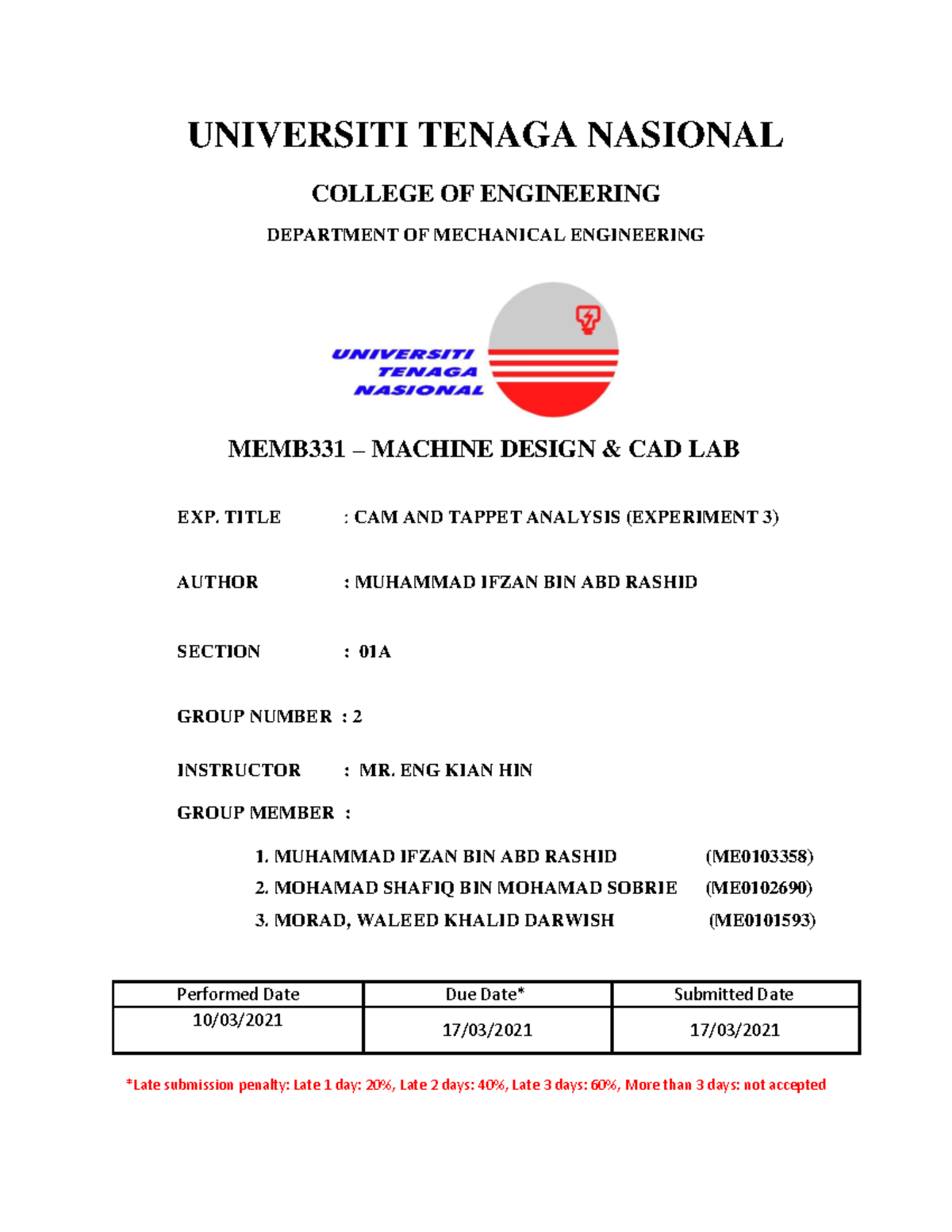 Experiment 3 Group 2 - UNIVERSITI TENAGA NASIONAL COLLEGE OF ...