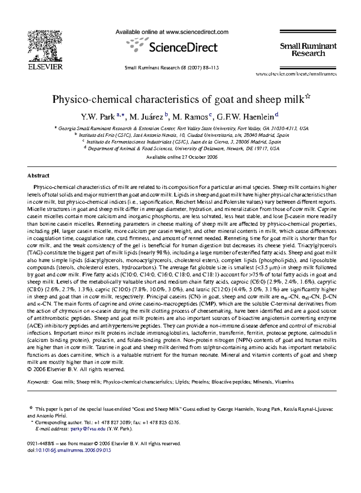 Physico-Chemical Characteristics of Goat and Sheep Milk (ANSCI 2007 ...