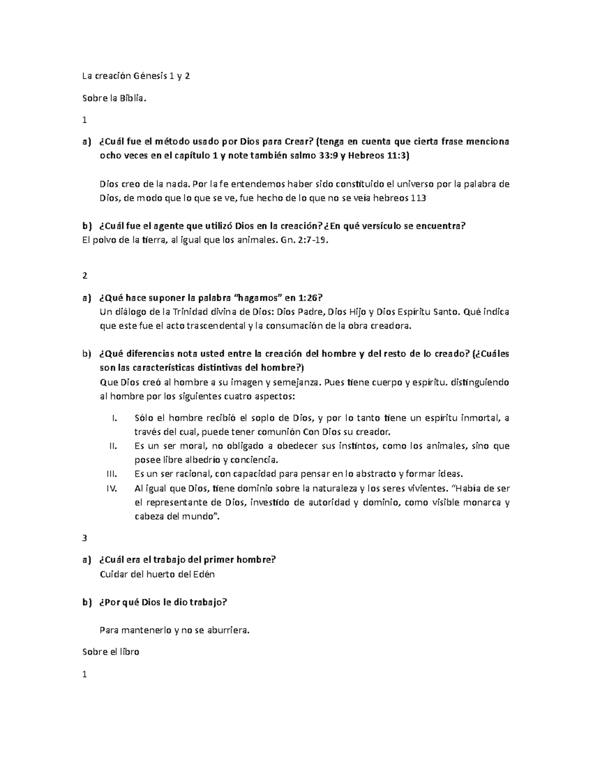 Cuestionario sobre la Creación en Génesis 1 y 2 - Studocu