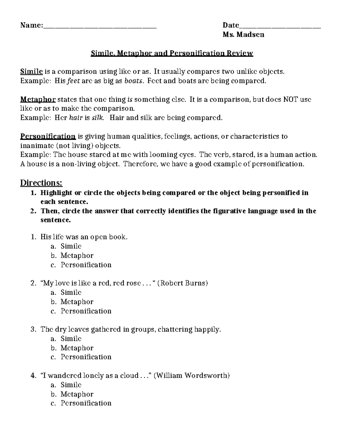 ENG 101: Simile, Metaphor & Personification Review Worksheet - Studocu