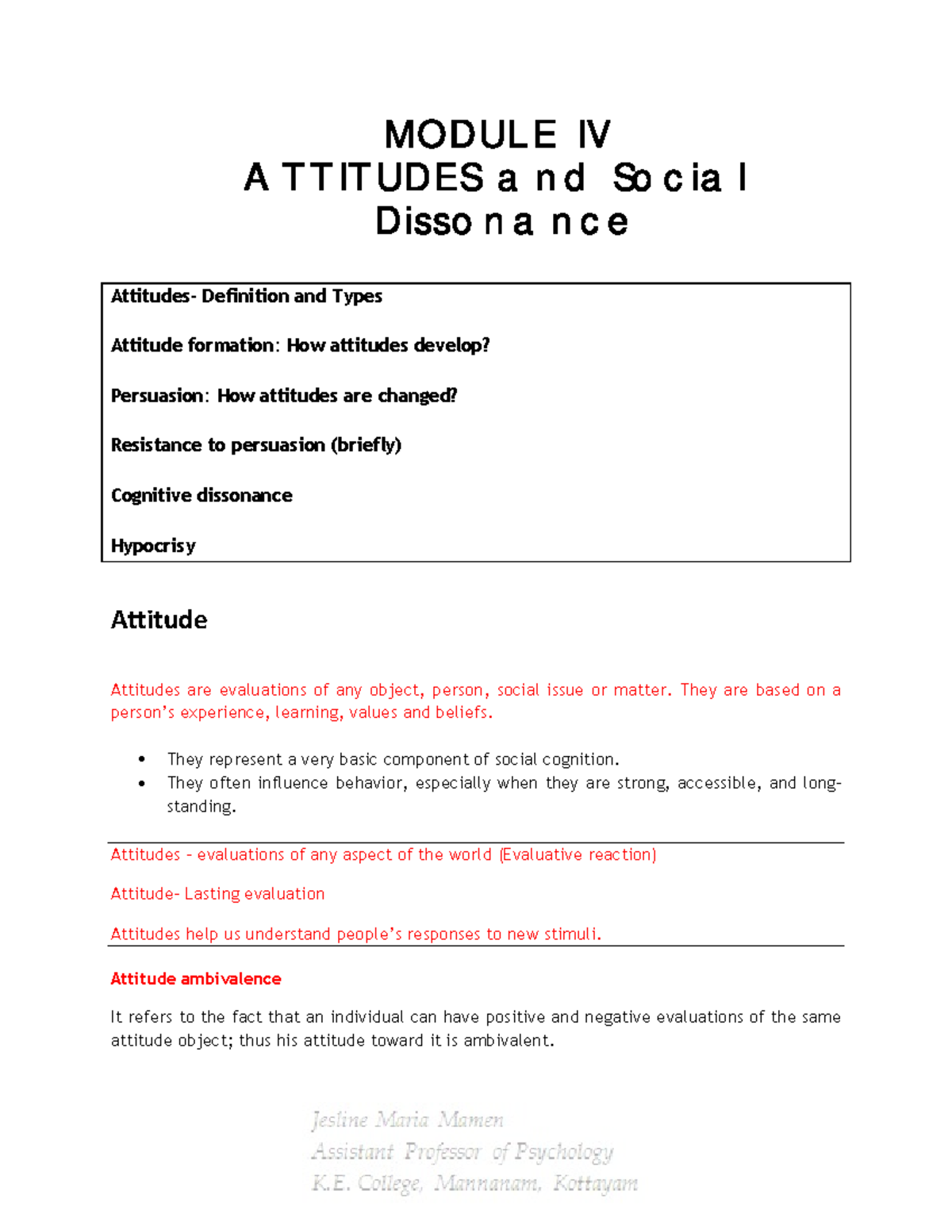 Module 4 Attitude Note - It is easy notes - MODULE IV ATTITUDES and ...
