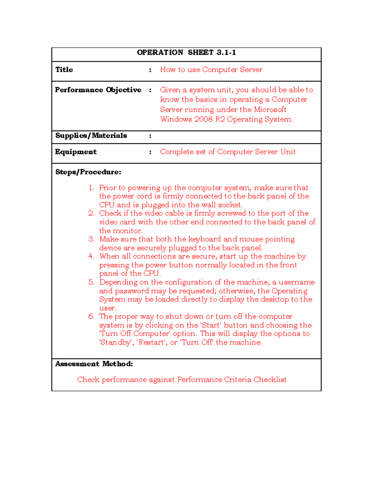 SWBL- Operation- Sheet - OPERATION SHEET 3- 1 Title : How to use Computer Server Performance ...