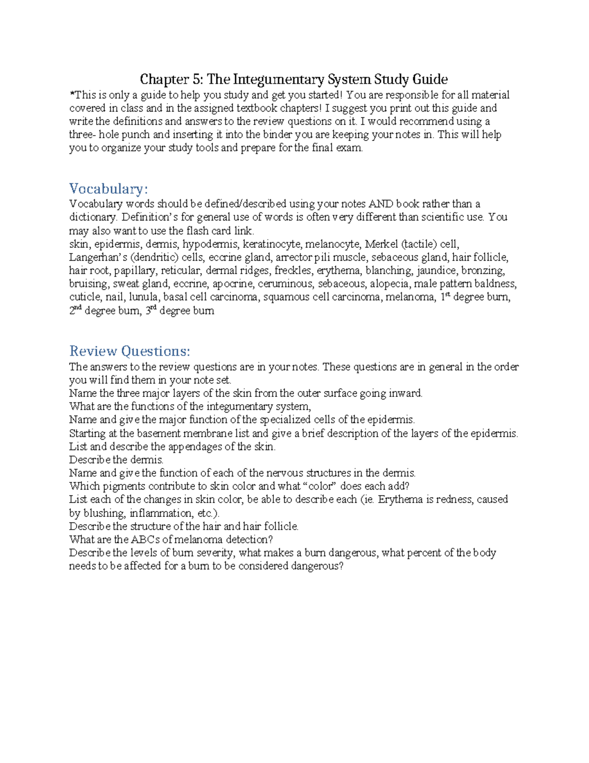 Chapter 5: Integumentary System Final Exam Study Guide - Studocu