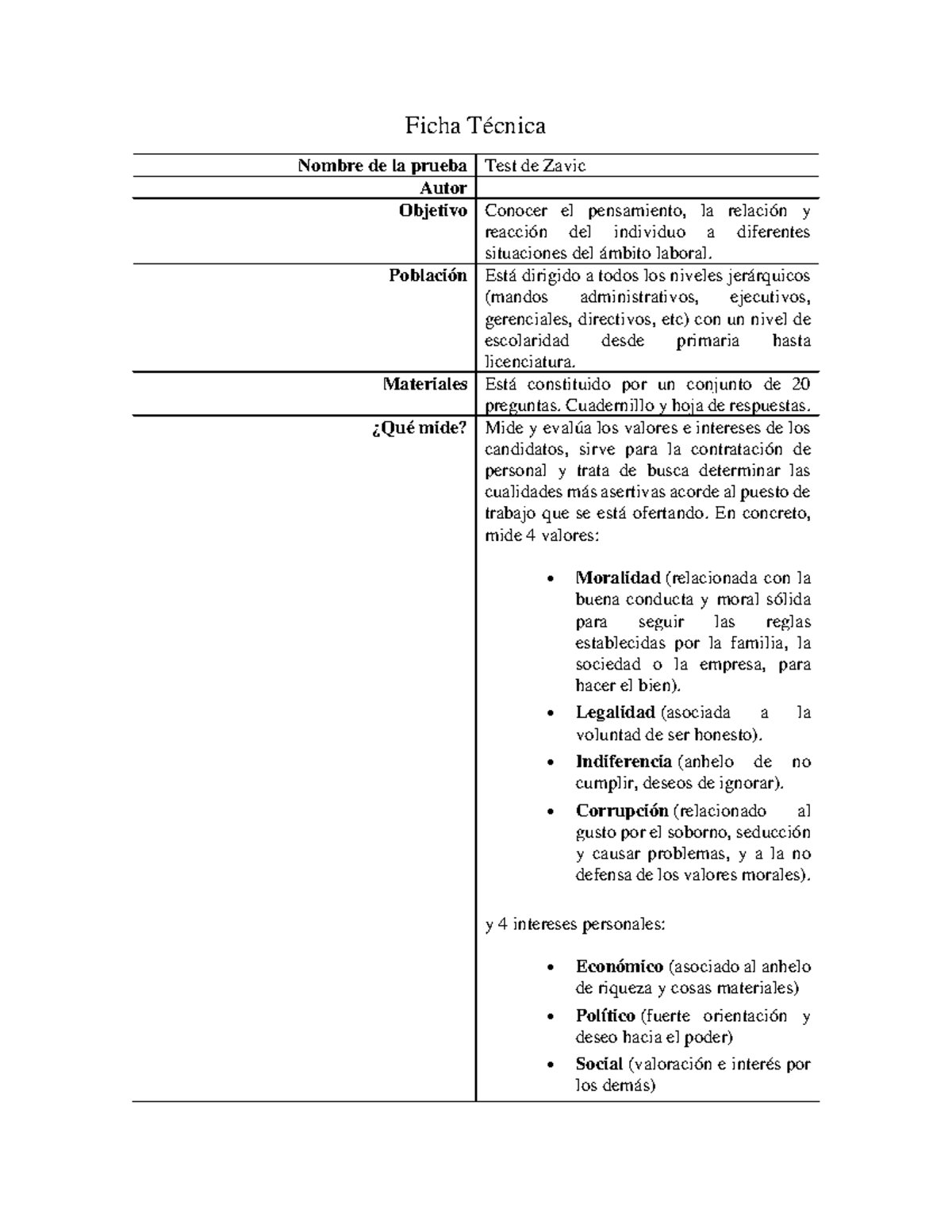 Ficha Técnica del Test de Zavic: Evaluación de Valores e Intereses ...