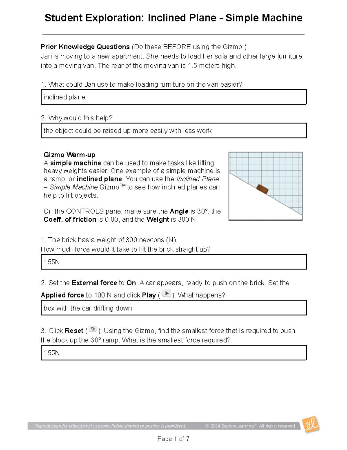 Inclined Plane & Simple Machine Exploration (Gizmo Activity Guide ...