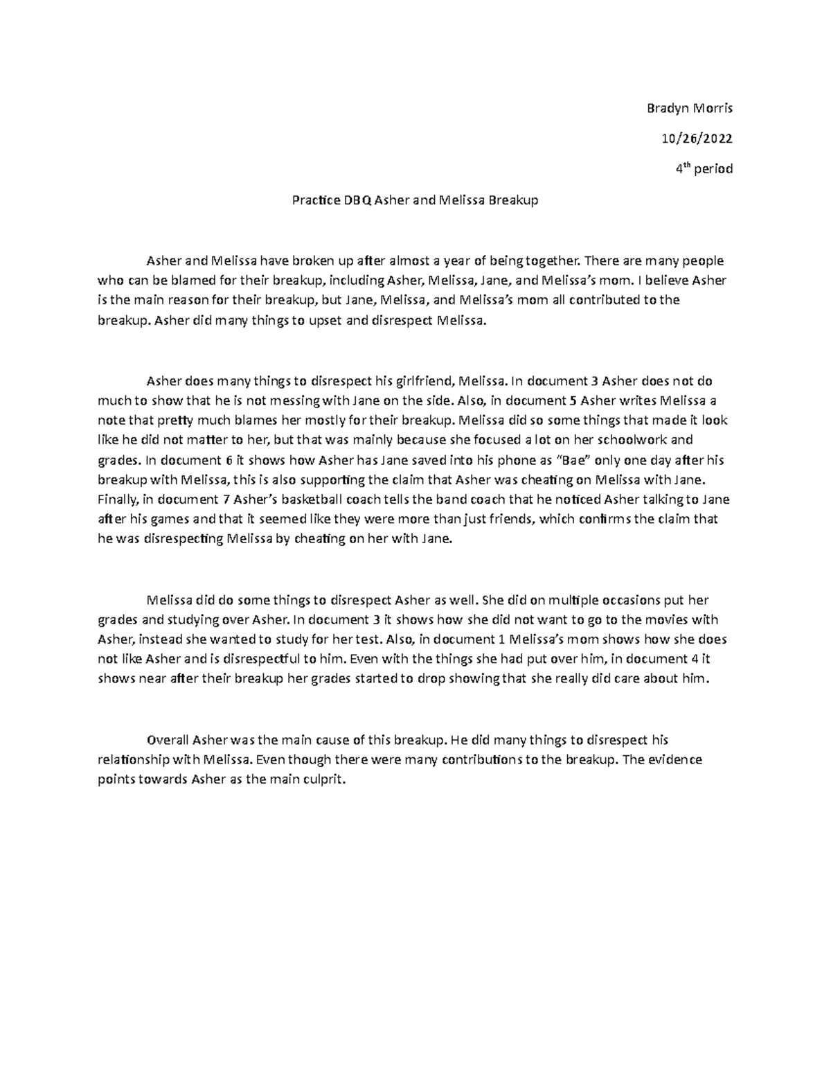 Practice DBQ on Asher and Melissa's Breakup Analysis - Studocu