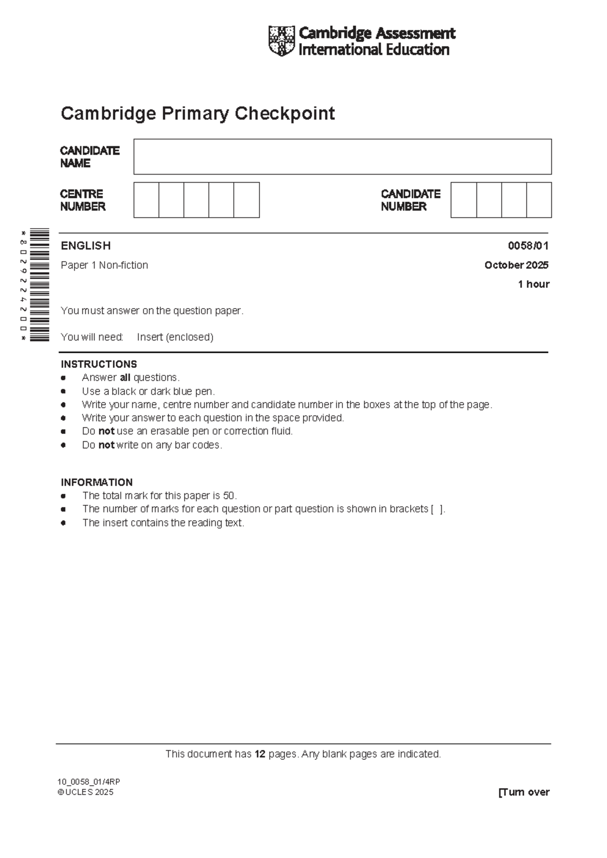 Cambridge Primary Checkpoint ENGLISH Paper 1 - October 2025 Exam Guide ...