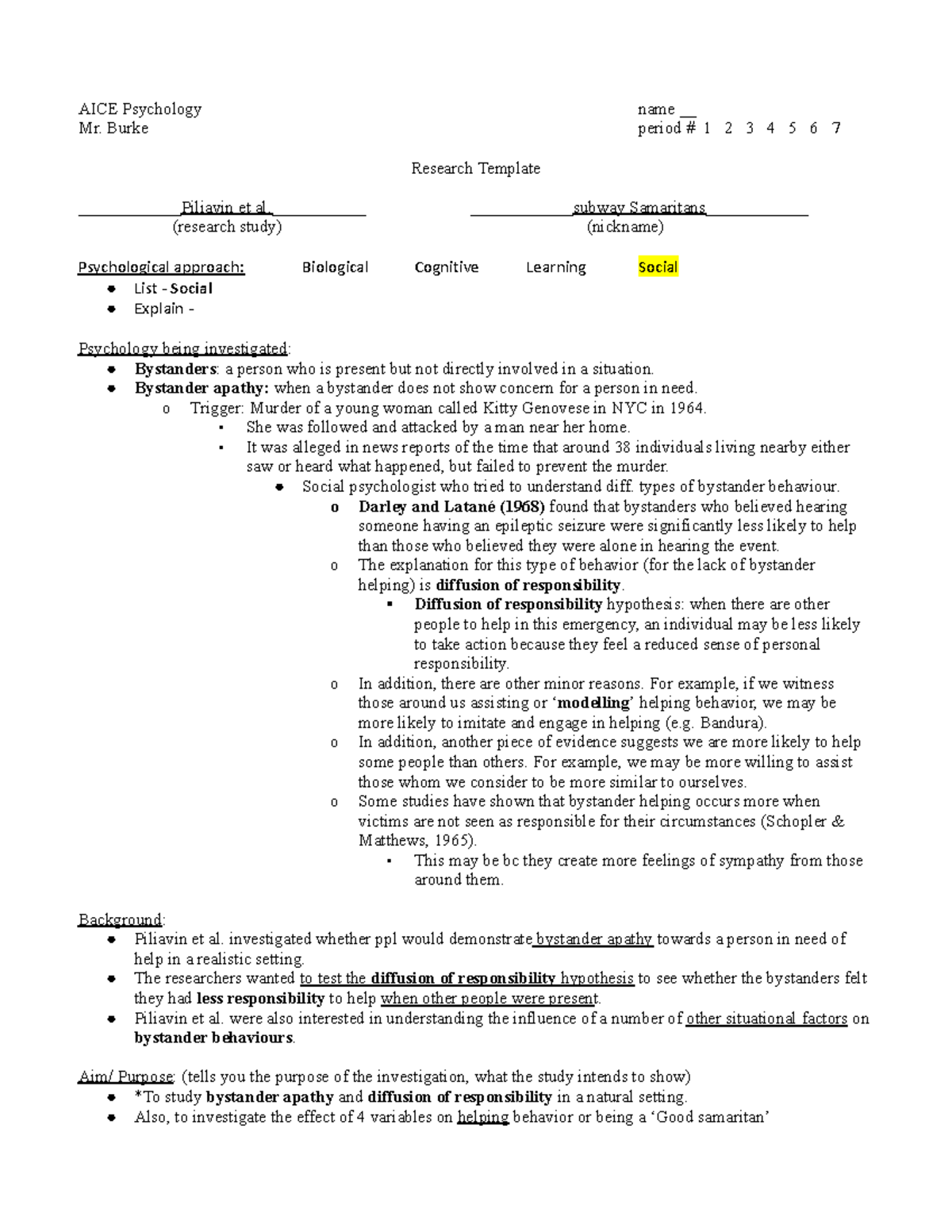 AICE Psychology Piliavin et al. - AICE Psychology name __ Mr. Burke ...
