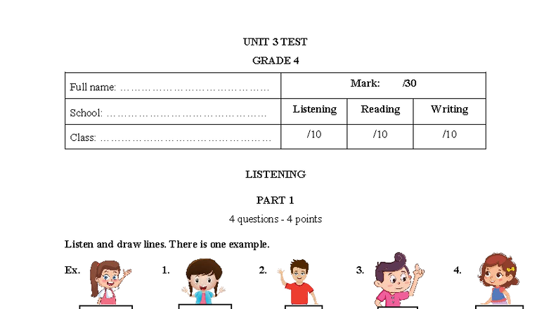 De KT Unit 3 Listening & Writing Grade 4 - Tieng Anh 4 - Studocu
