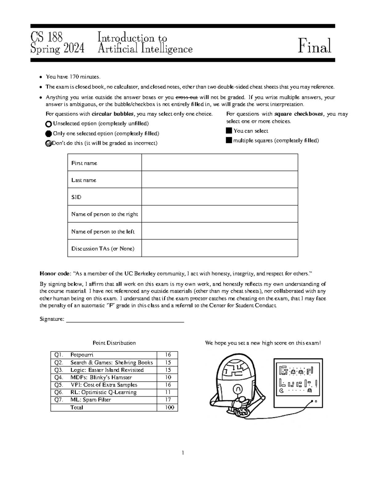 CS188 Spring 2024 Final Exam - Artificial Intelligence - Studocu