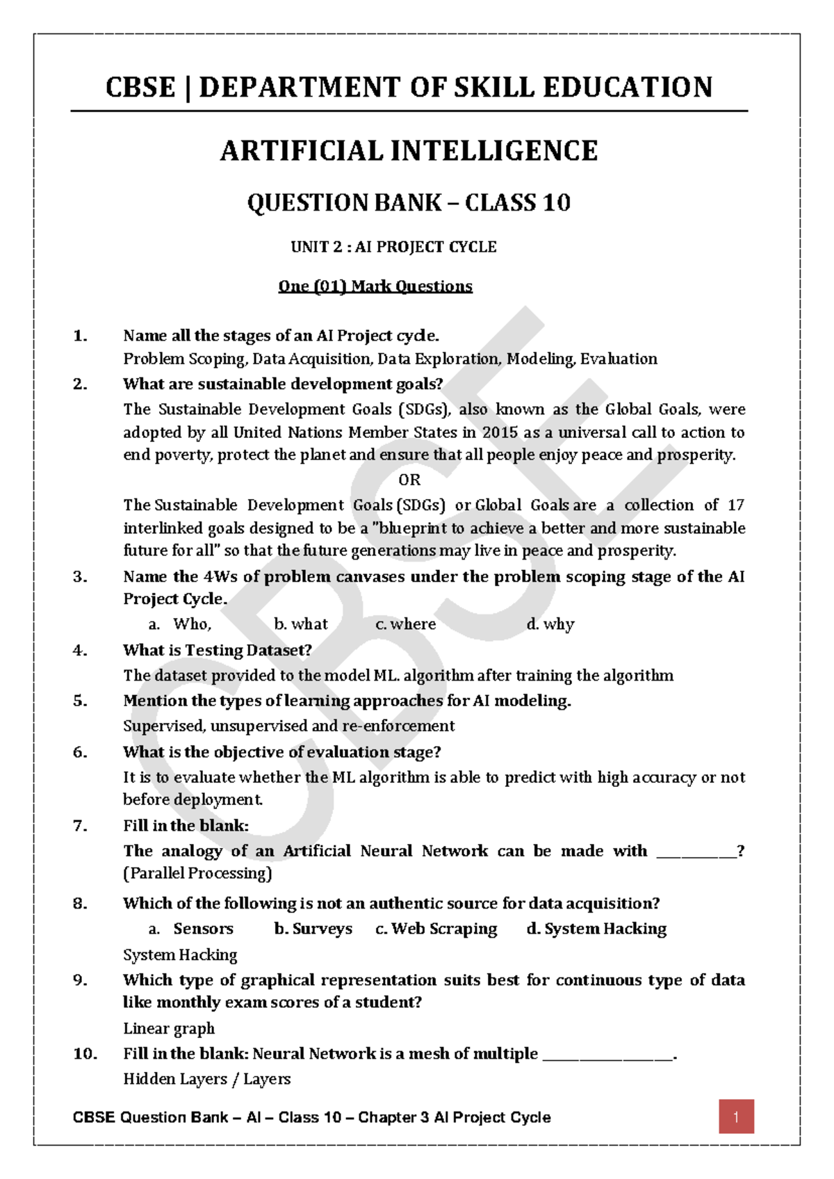 Class 10 AI Question Bank - Unit 2: AI Project Cycle Insights - Studocu
