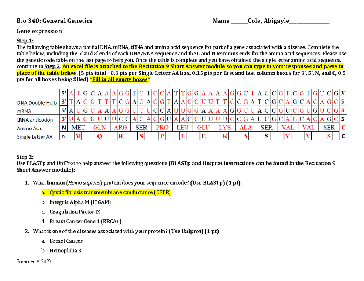 Rec 9 SA Summer 23A-fix - assignment - Bio 340: General Genetics Name ...