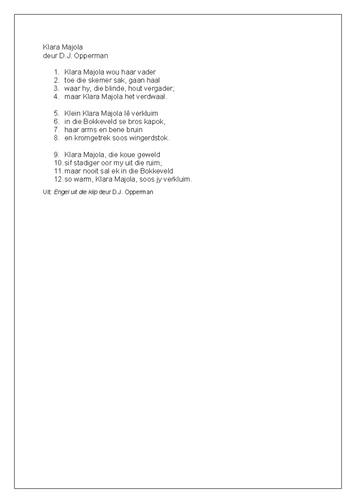 Klara Majola Gedigte Vrae - Analise en Interpretasie - Studocu