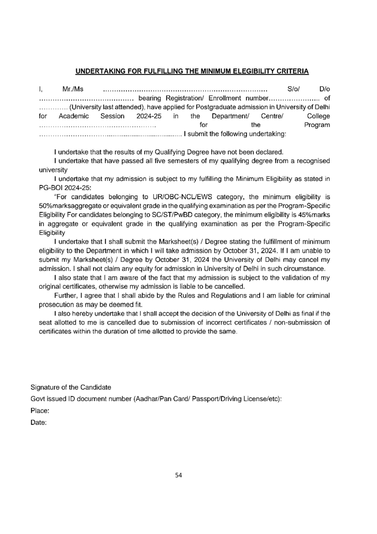 DU PG 2024 Admission Undertaking for Minimum Eligibility Criteria - Studocu