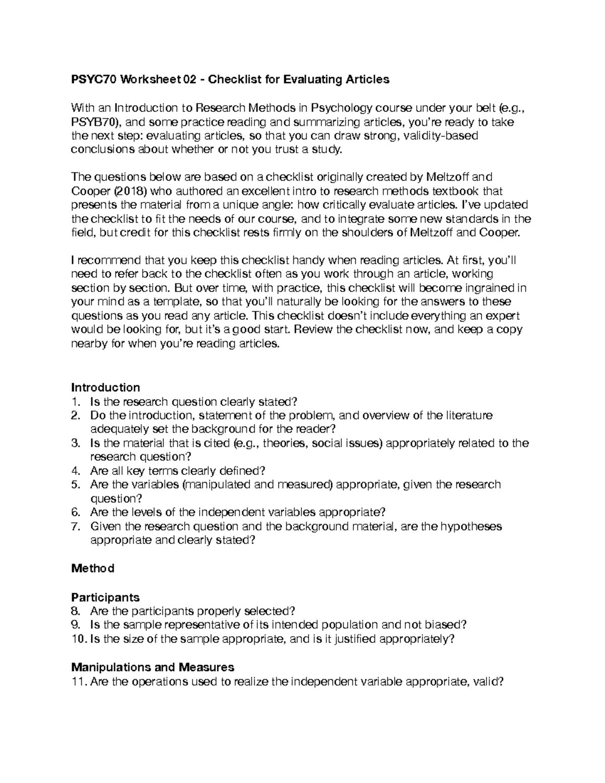 PSYC70 H3F Checklist for Evaluating Research Articles - Studocu