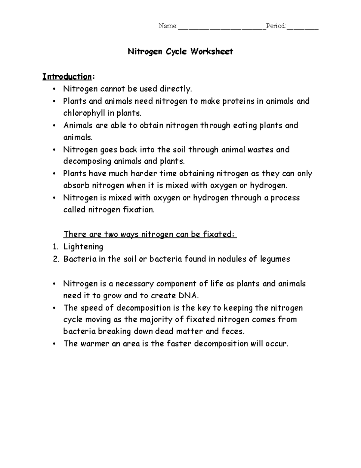 Nitrogen Cycle Worksheet: Understanding Key Processes and Questions ...