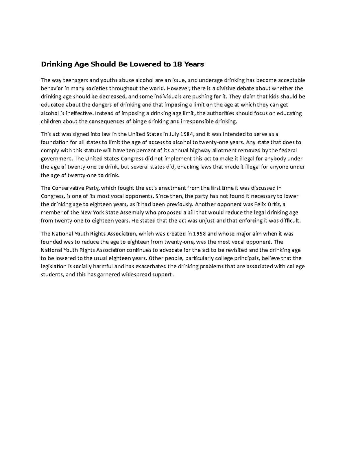 Debate on Lowering the Drinking Age to 18: Pros and Cons - Studocu