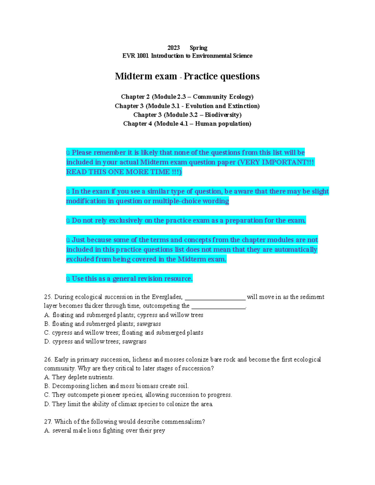 EVR 1001 Midterm Exam Review - Practice Questions Part 2 - Studocu