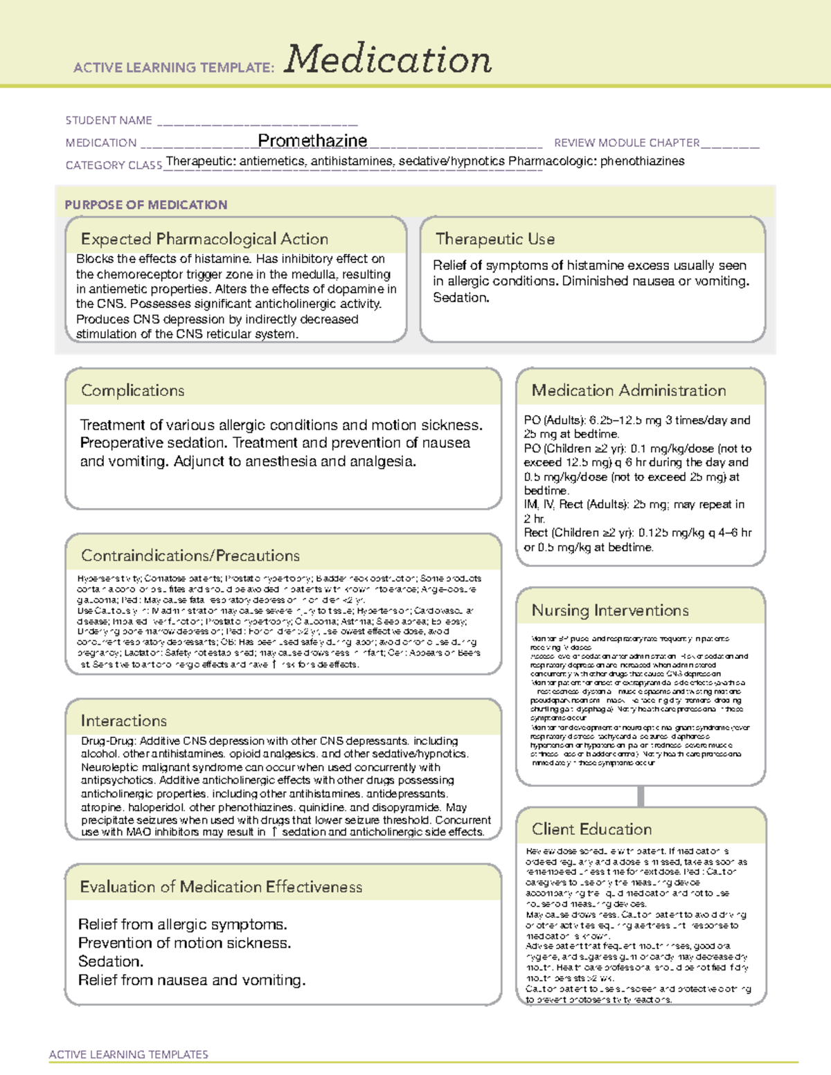 Promethazine Medication Active Learning Template (Pharma 101) - Studocu