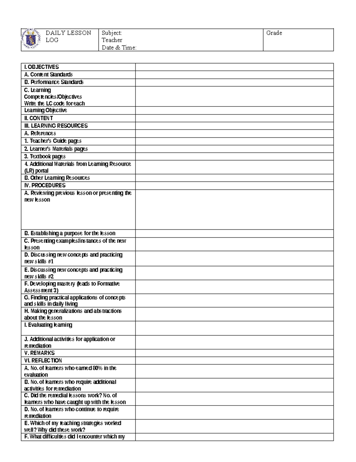 DAILY LESSON LOG (LP-Template) for Teacher's Objectives & Procedures ...