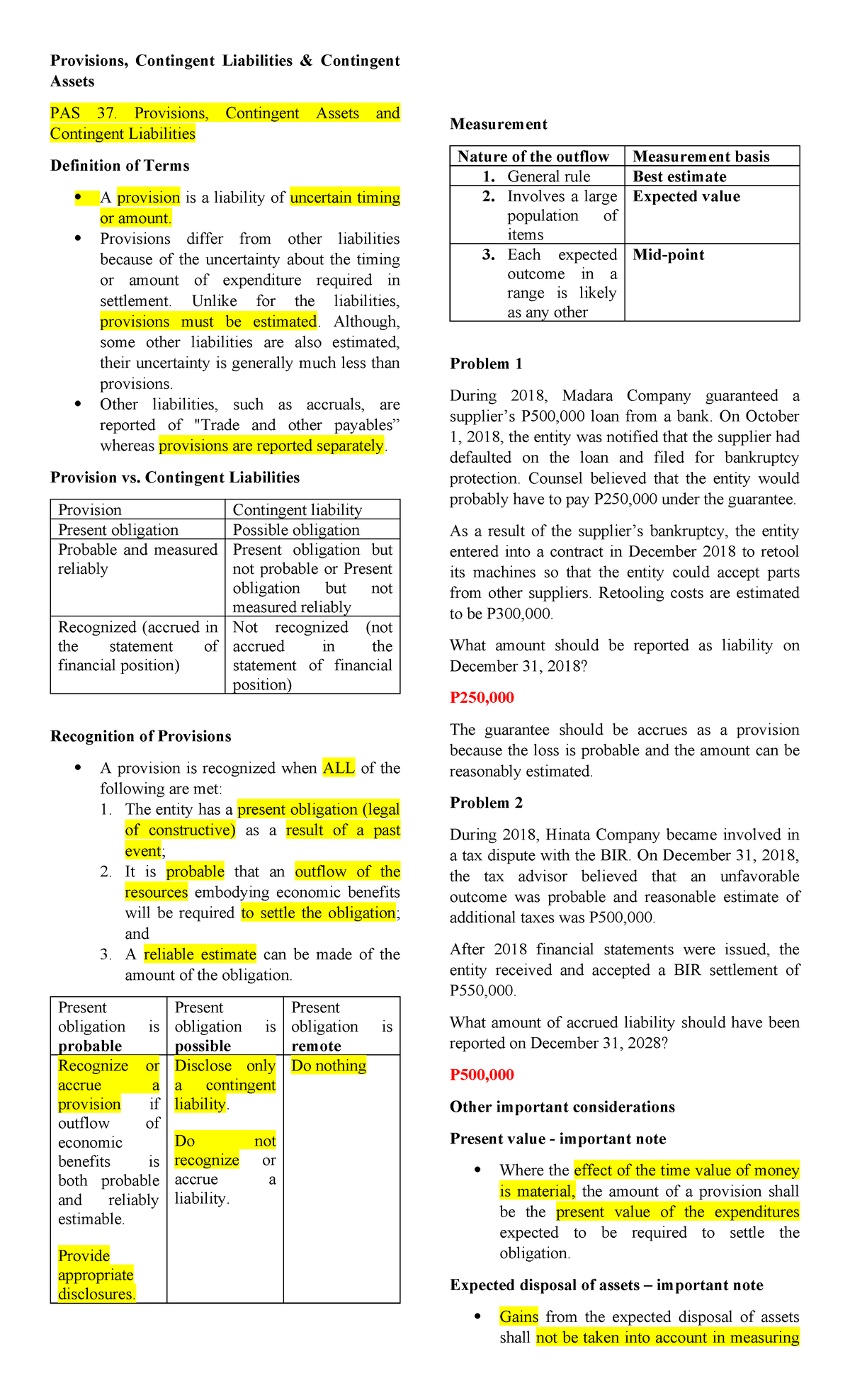 Provisions - notes - Provisions, Contingent Liabilities & Contingent ...
