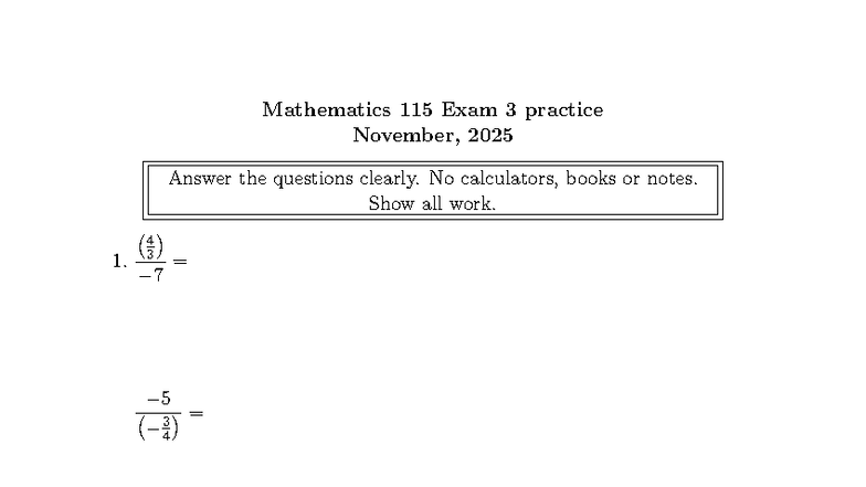 Mathematics 115 Exam 3 Practice Questions & Solutions - Studocu