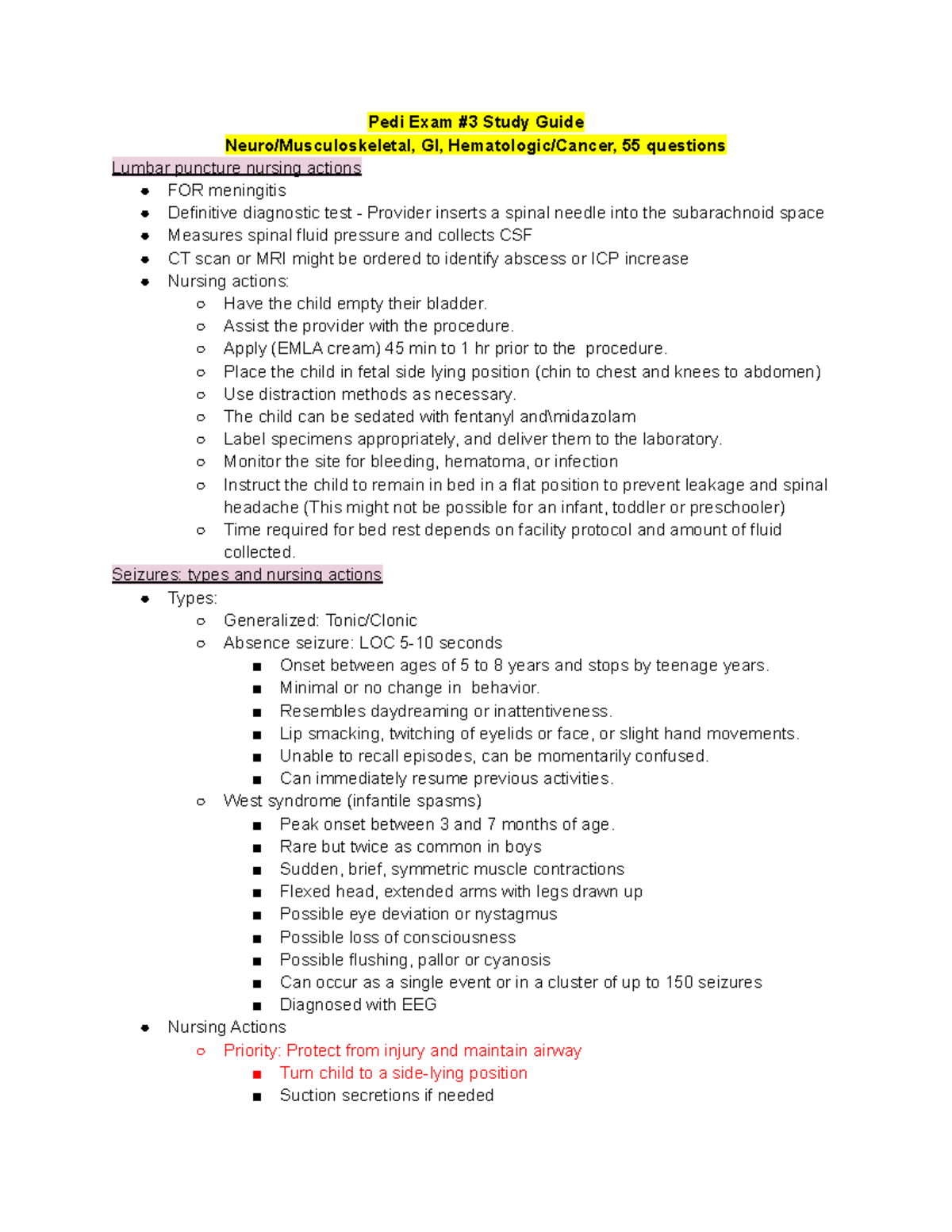 Peds Exam 3 Study Guide: Neuro, Musculoskeletal, GI & Hematology ...