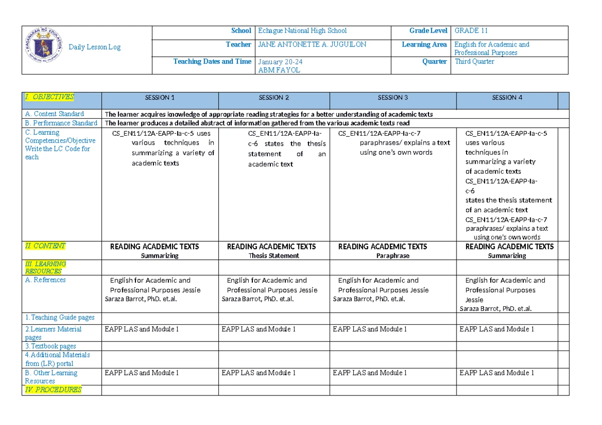 DLL-EAPP - Daily Lesson Log for Grade 11 English Activities - Studocu