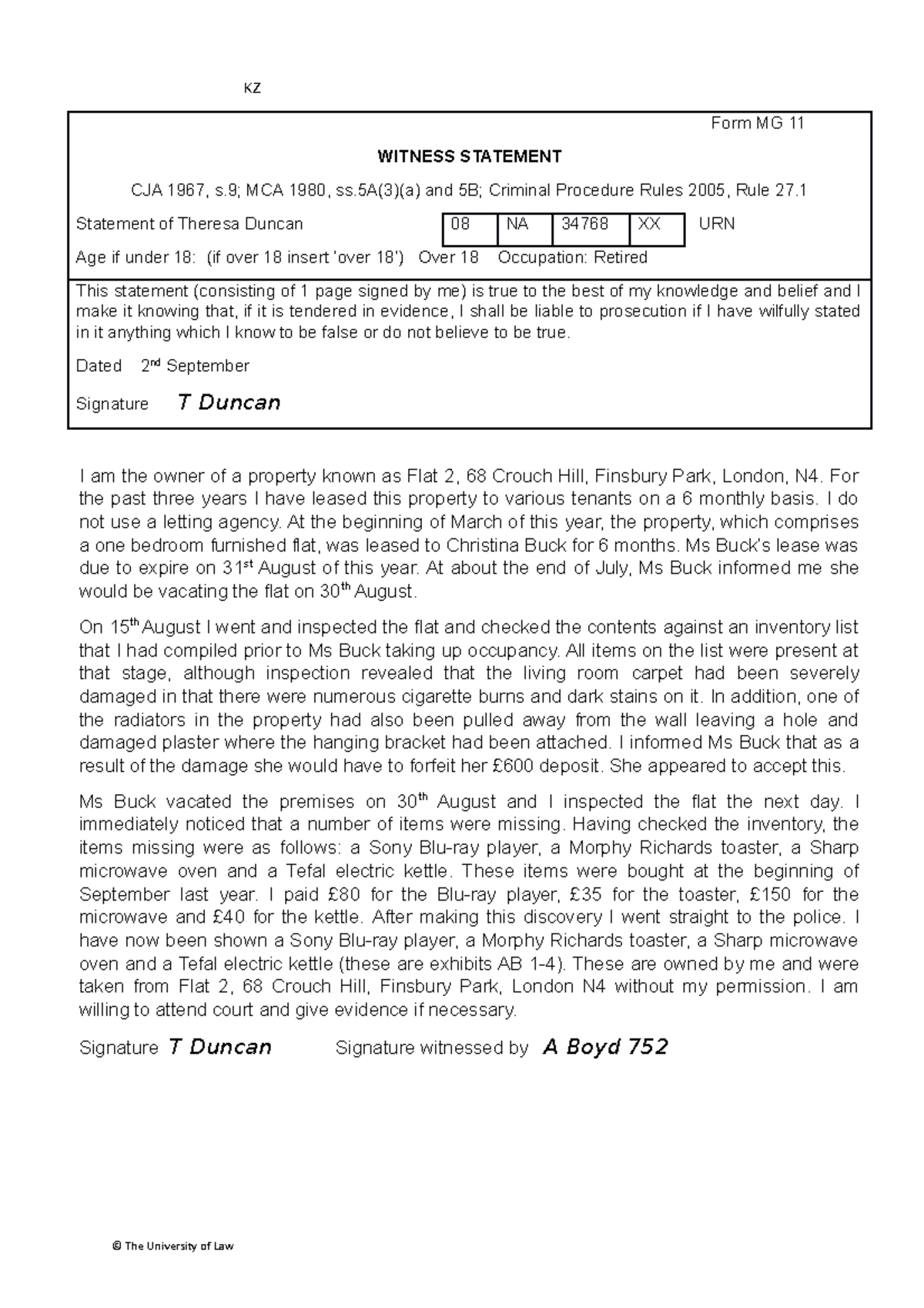 TASK 1 - KZ Form MG 11 WITNESS STATEMENT CJA 1967, s; MCA 1980, ss(3)(a) and 5B; Criminal ...