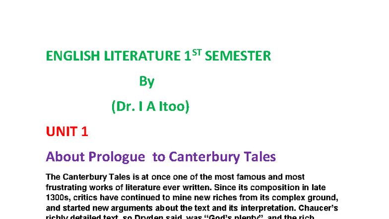 ENGLISH LITERATURE 1ST SEMESTER: UNIT 1 - Prologue to The Canterbury ...