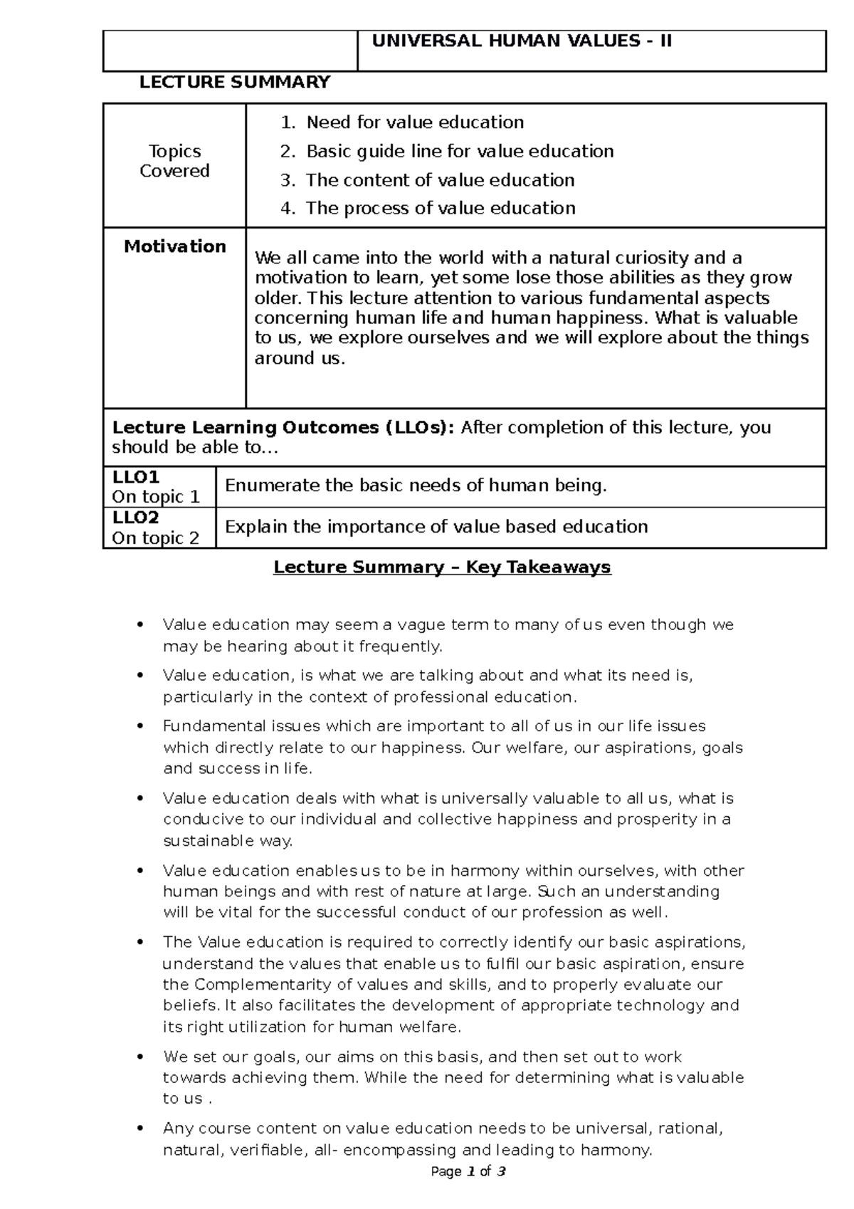 UHV1 - 1. Need for value education 2. Basic guide line for value ...