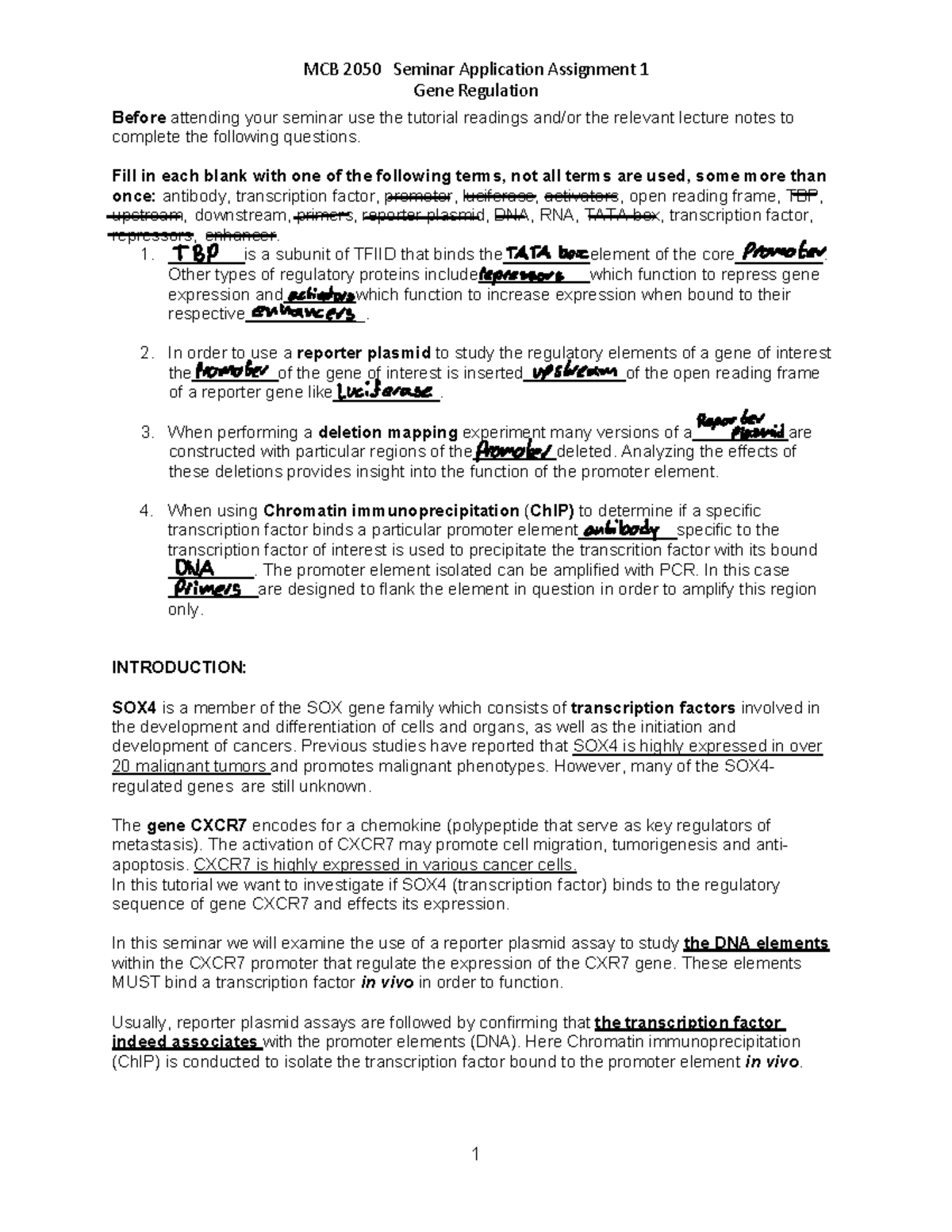 MCB 2050: Seminar Application Assignment 1 on Gene Regulation - Studocu