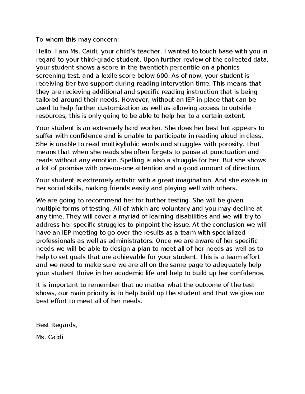 Letter to Parent: Student Support and IEP Recommendations - Studocu