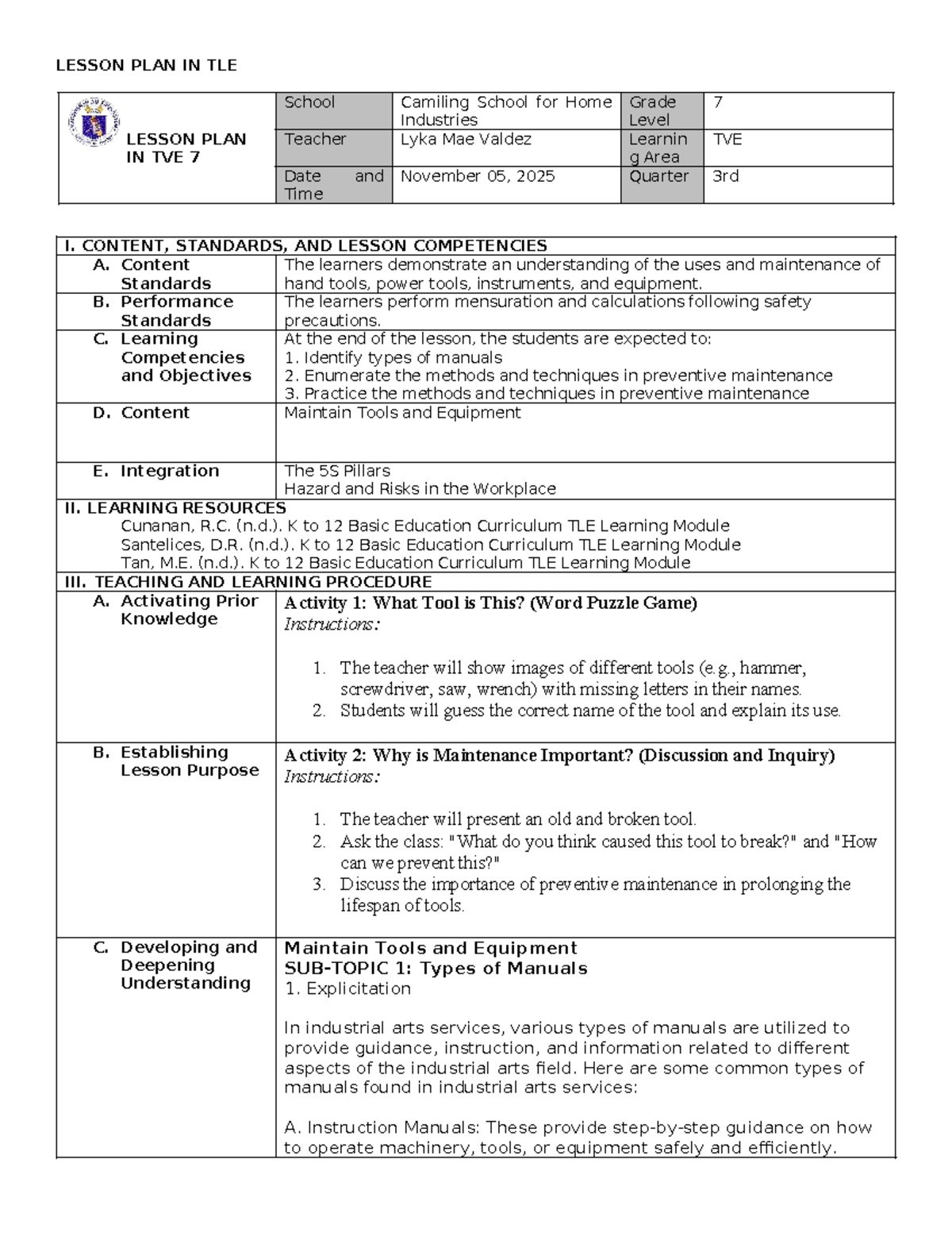 CO Q4 DLP TLE 7: Lesson Plan on Tool Maintenance and Safety - Studocu