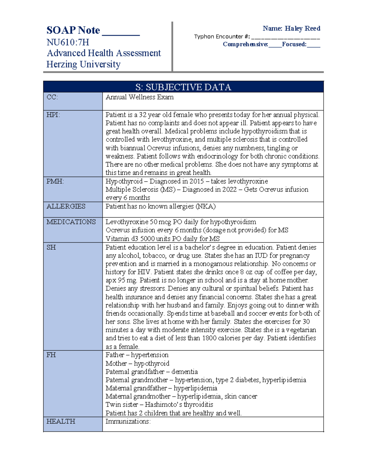 SOAP Note NU610:7H Advanced Health Assessment - Annual Wellness Exam ...