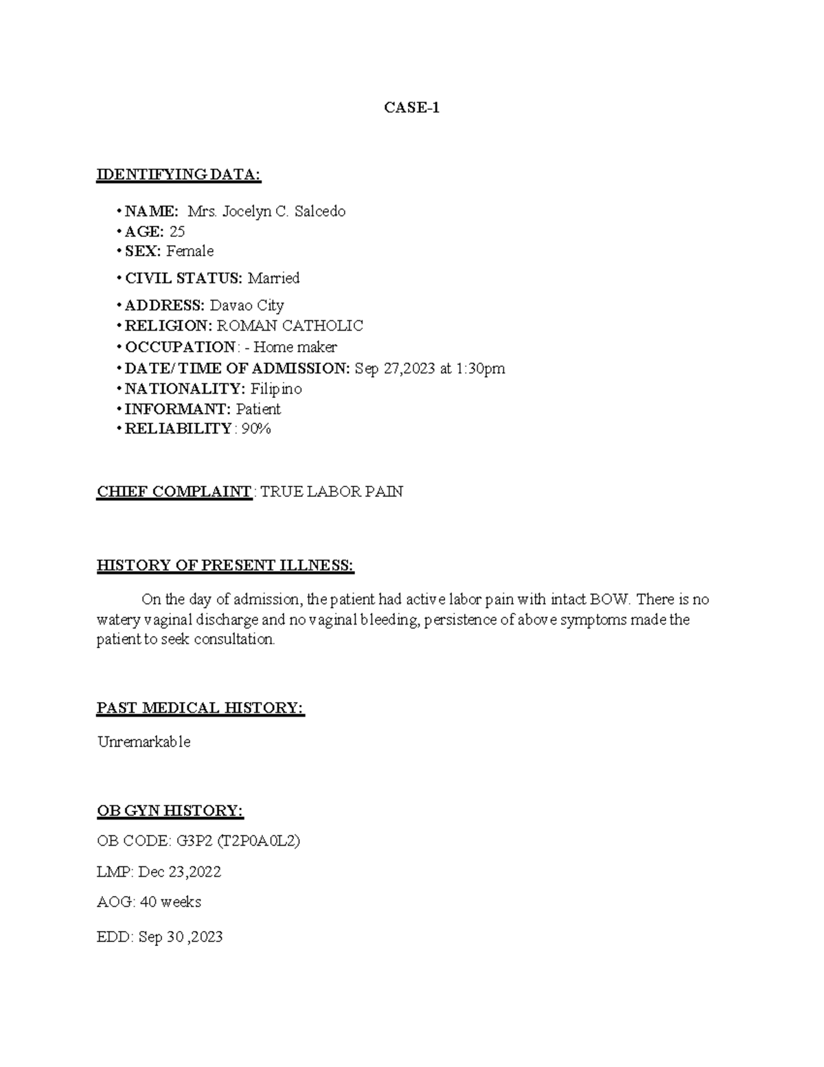 OB Case Studies: Active Labor Reports (OBGYN 101) - Studocu