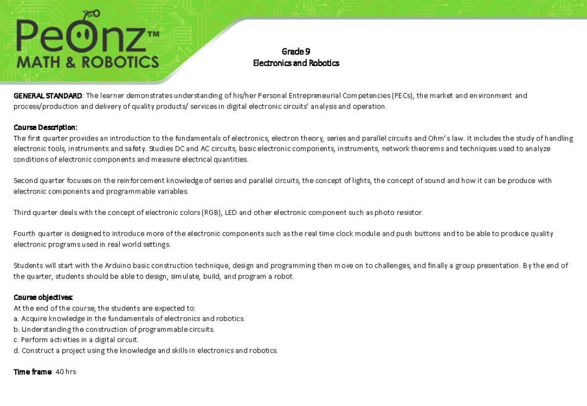 Grade 9 Electronics and Robotics Curriculum Overview: Arduino Focus ...