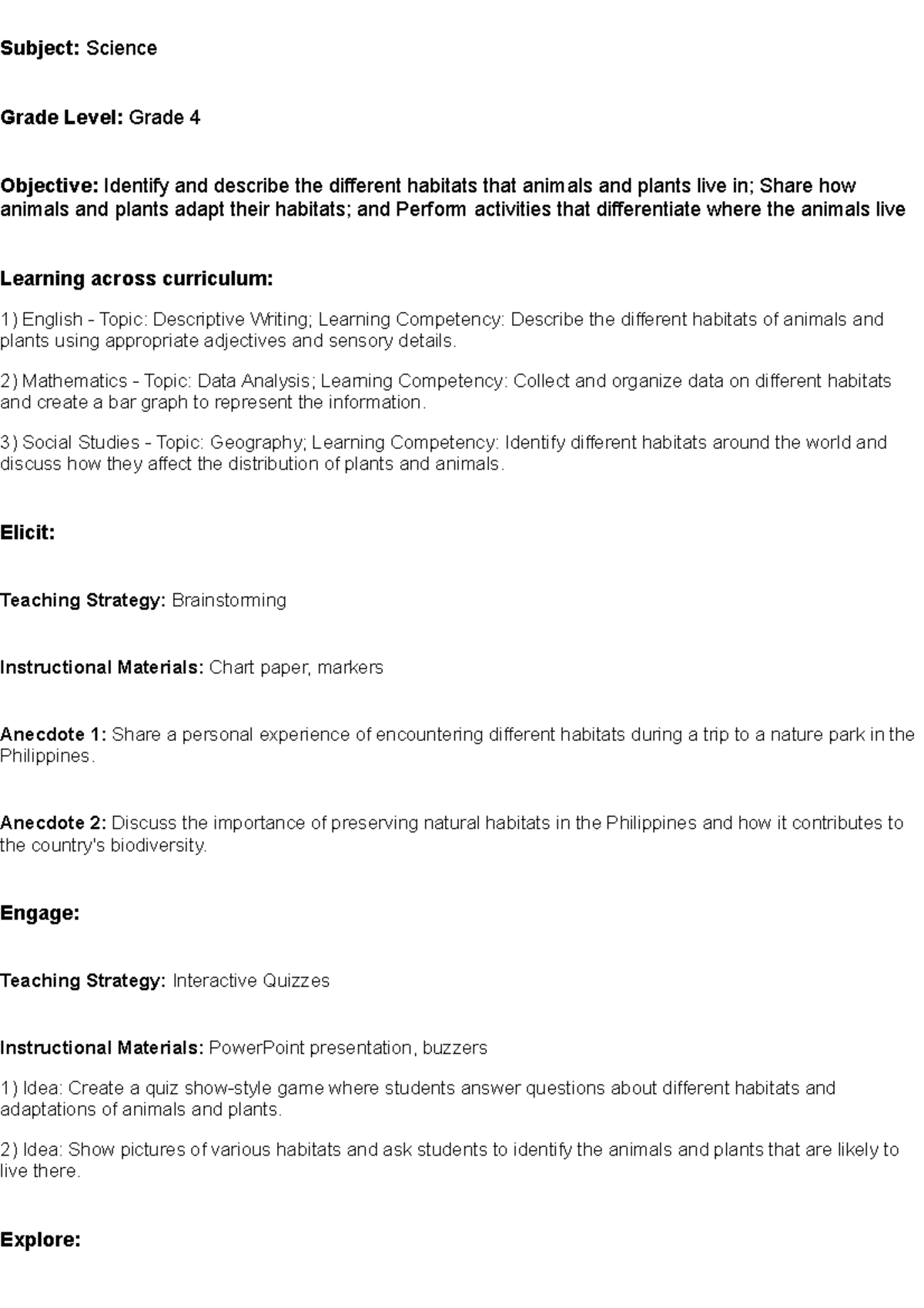 Grade 4 Science Lesson Plan: Exploring Animal Habitats and Adaptations ...