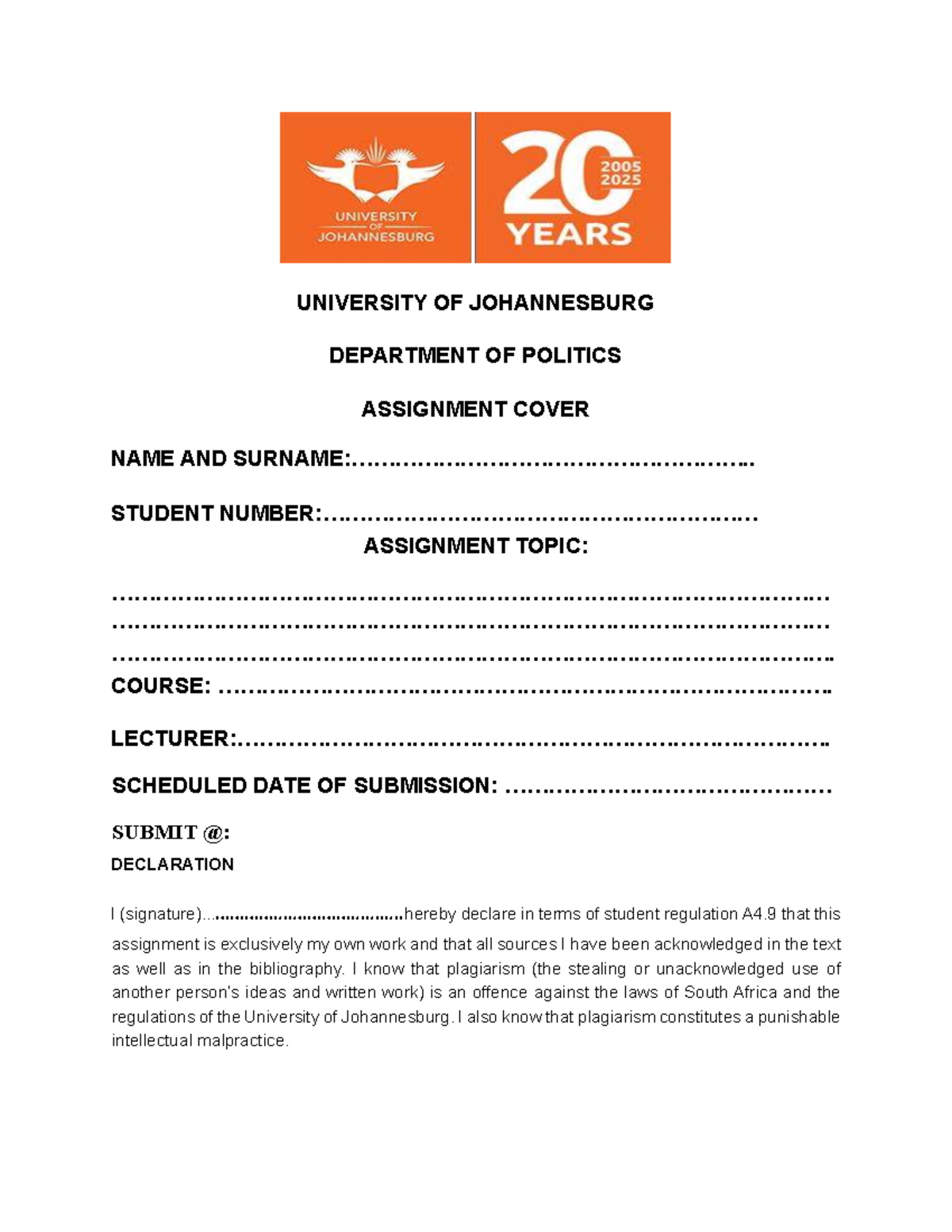 UJ Politics Assignment Cover Page & Plagiarism Declaration - Studocu
