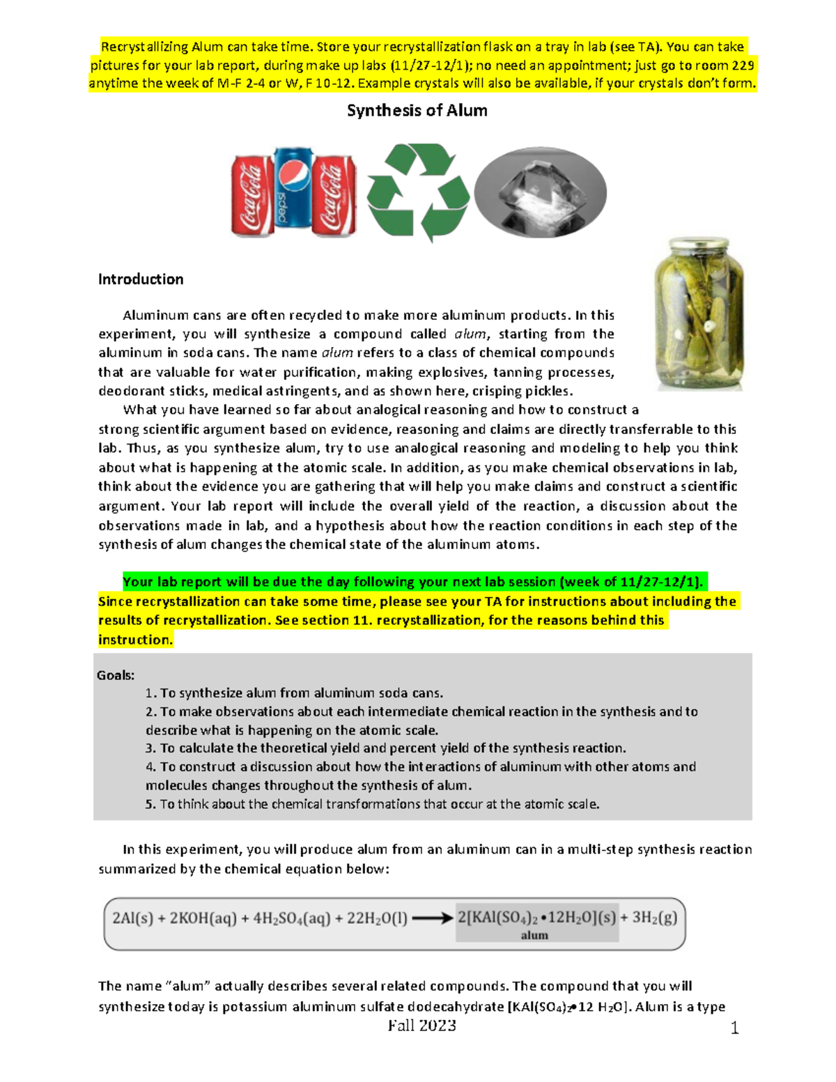 Synthesis of Alum Lab Report (CHEM 101) for Week of 11/27-12/1 - Studocu