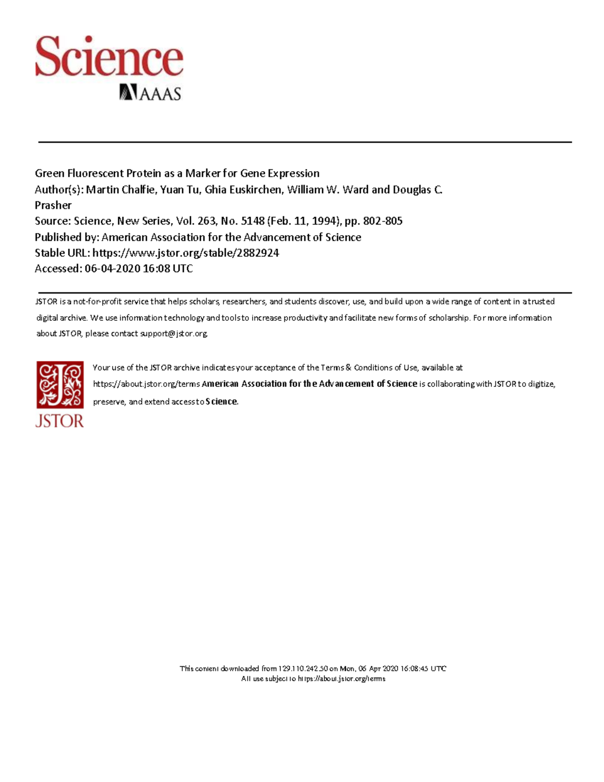 GFP as a Gene Expression Marker: Chalfie et al. 1994 Science - Studocu