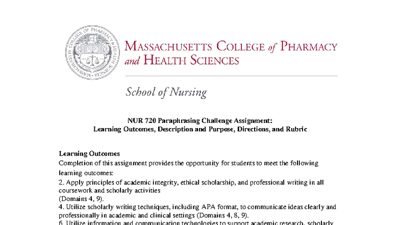 NUR 720 Paraphrasing Challenge Assignment Guidelines and Rubric - Studocu