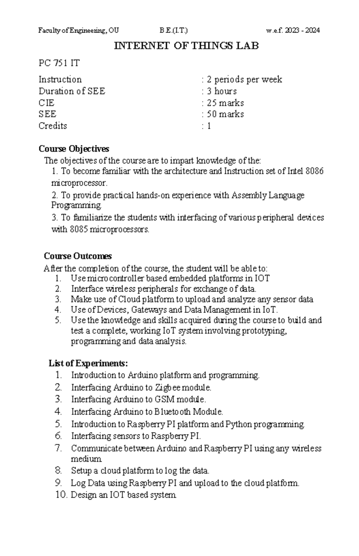 PC 751 IT Internet of Things Lab Syllabus (2023-2024) - Studocu