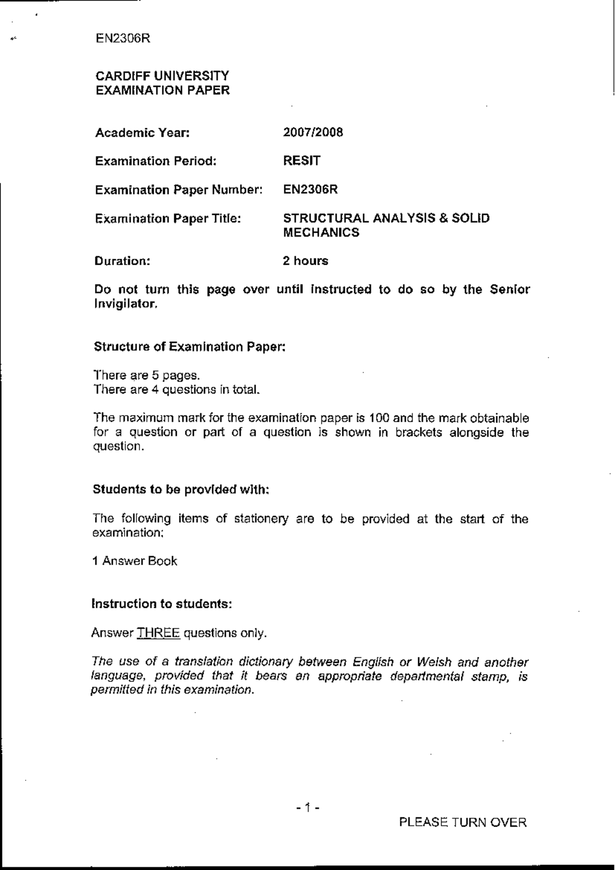 EN2306R Cardiff University Resit Exam: Structural Analysis & Solid ...