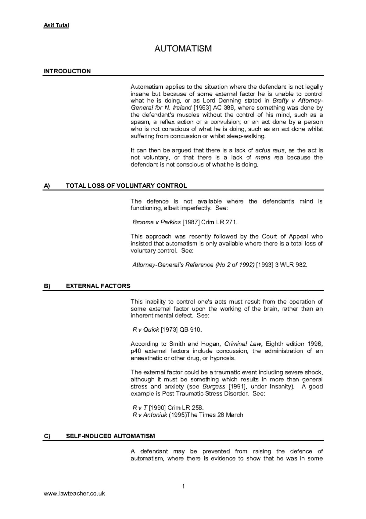 Automatism in Criminal Law - Lecture Notes (CRIM 8720) - Studocu