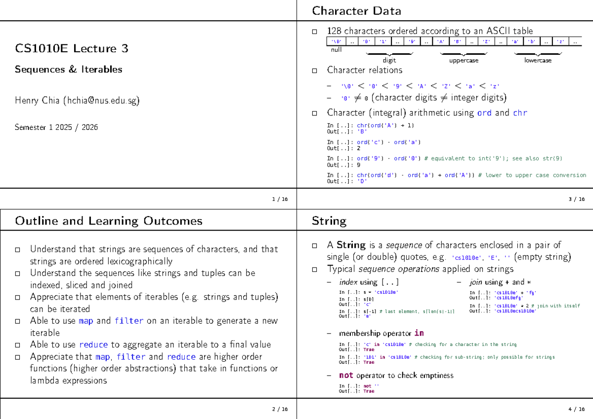 CS1010E Lecture 3: Character Data and Iterables in Python - Studocu