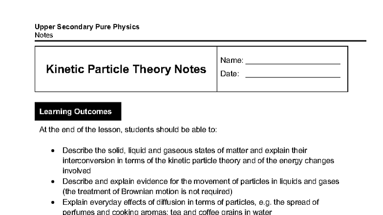 S3P Chemistry Kinetic Particle Theory Notes on States of Matter - Studocu